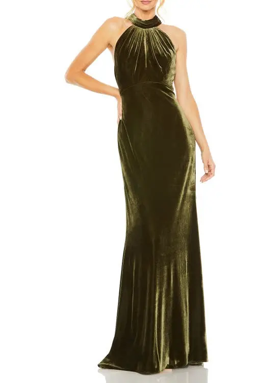 Mac Duggal Velvet Halter Column Gown - Olive