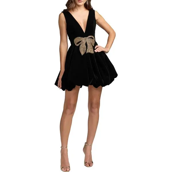 Mac Duggal Sleeveless Bubble Hem Velvet Mini Dress With Bow - Black