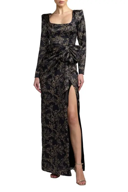Mac Duggal Floral Printed Long Sleeve Gown With Bow - Black Multi
