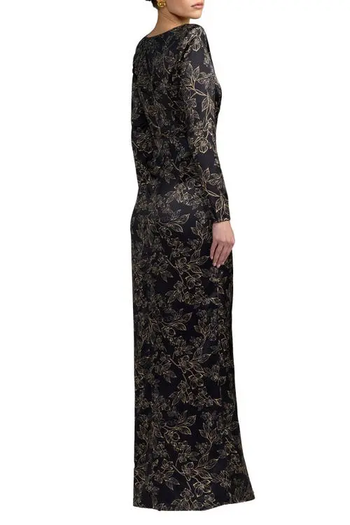 Mac Duggal Floral Printed Long Sleeve Gown With Bow