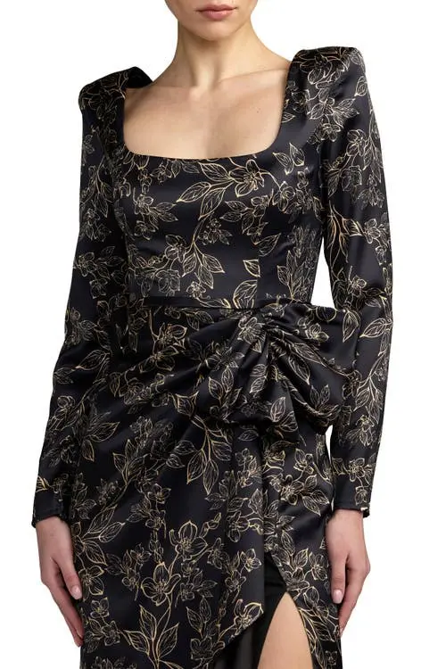 Mac Duggal Floral Printed Long Sleeve Gown With Bow
