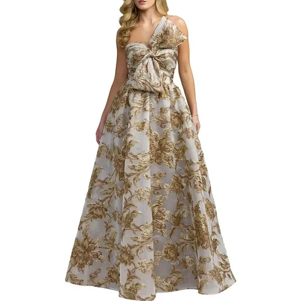 Mac Duggal Floral Strapless Brocade Ballgown With Bow - Bronze