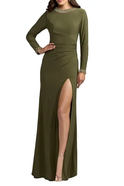 Mac Duggal Embellished Long Sleeve Gown With Slit