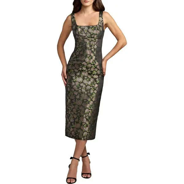 Mac Duggal Sleeveless Floral Brocade Midi Dress - Black Multi