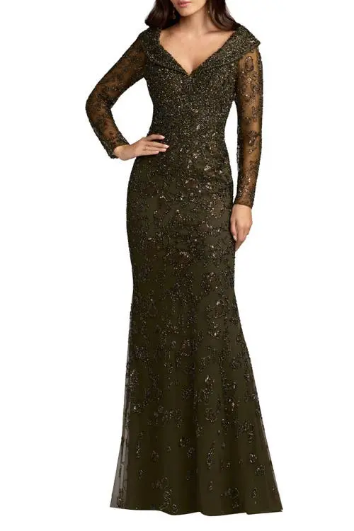 Mac Duggal Portrait Collar Long Sleeve Embellished Gown - Olive