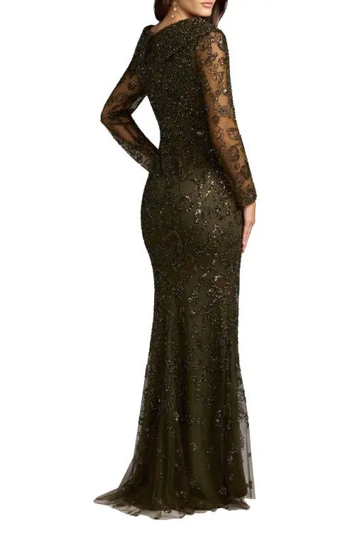 Mac Duggal Portrait Collar Long Sleeve Embellished Gown