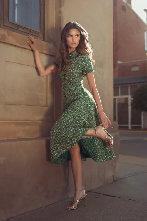 Mac Duggal Boucle Short Sleeve Button Up Midi Dress