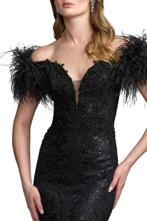 Mac Duggal Beaded Lace Mermaid Gown With Feathers