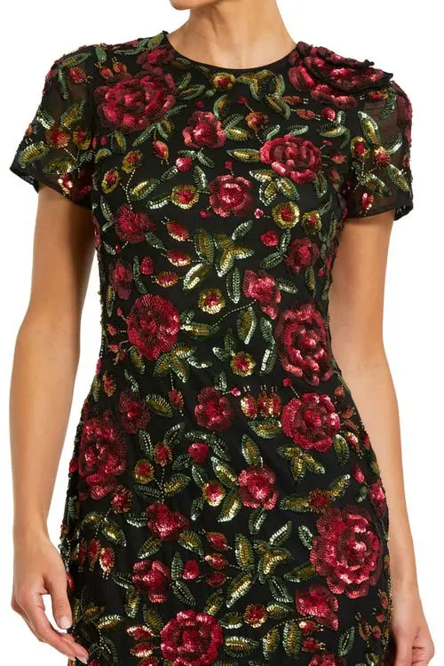 Mac Duggal High Neck Floral Embellished Midi Dress