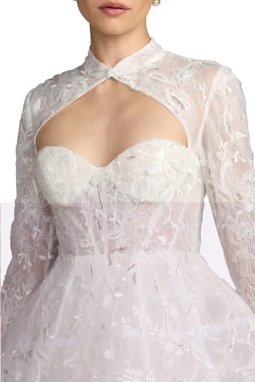 Mac Duggal Lace Long Sleeve Mandarin Collar A Line Mini Dress