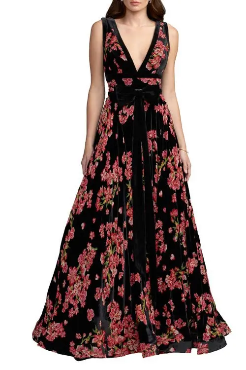 Mac Duggal Floral Velvet A-line Gown With Bow - Black Multi
