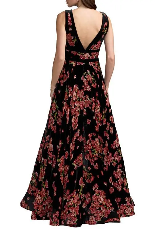 Mac Duggal Floral Velvet A-line Gown With Bow