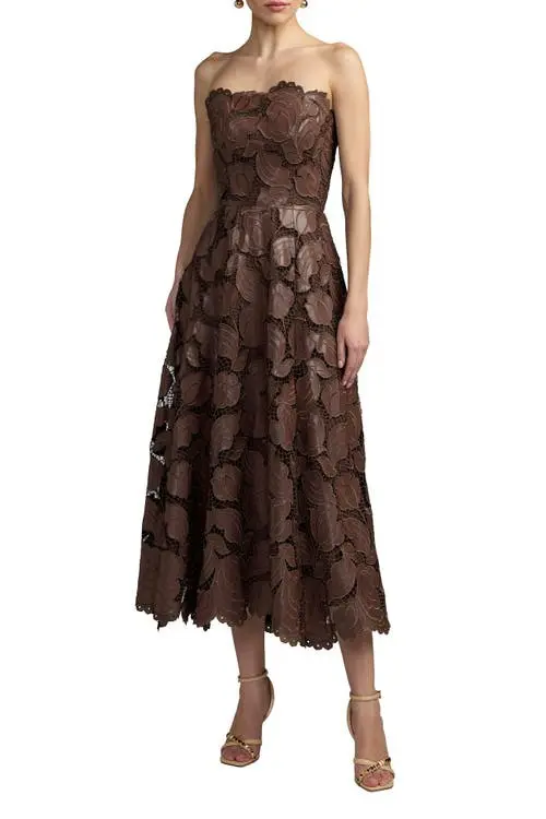 Mac Duggal Strapless Floral Leather A-line Midi Dress - Chocolate