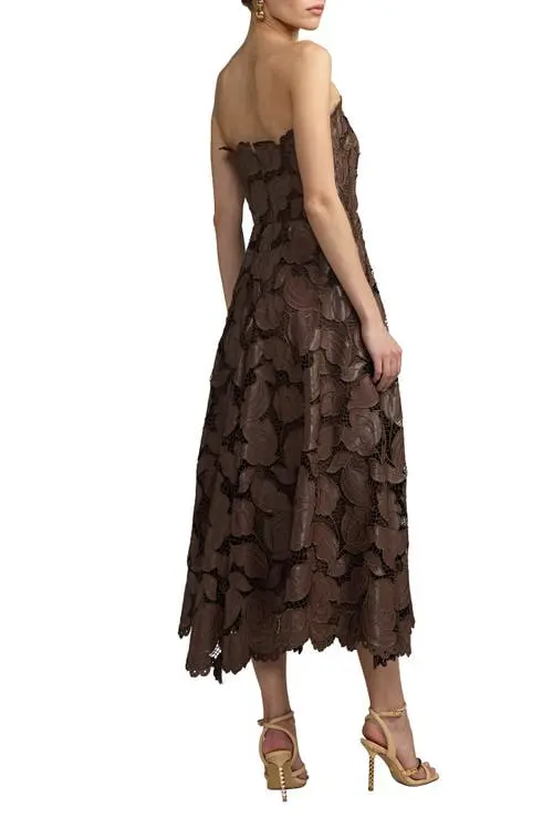 Mac Duggal Strapless Floral Leather A-line Midi Dress