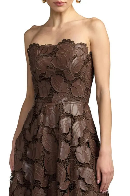 Mac Duggal Strapless Floral Leather A-line Midi Dress