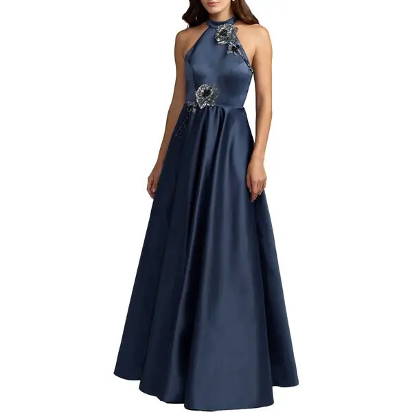 Mac Duggal Satin Sleeveless Floral Detail A Line Gown - Midnight