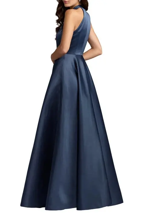 Mac Duggal Satin Sleeveless Floral Detail A Line Gown