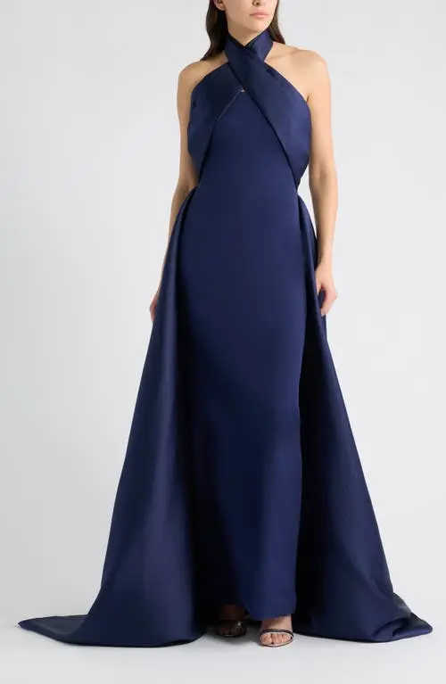 Solace London Rumi Mixed Media Halter Gown - Navy