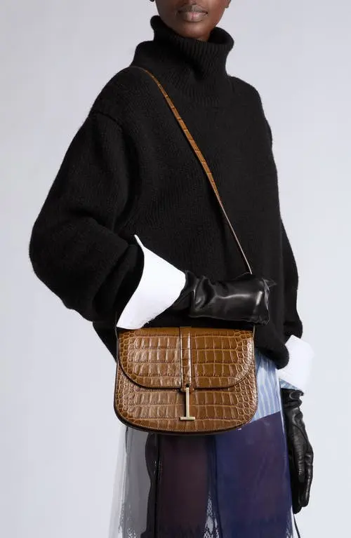 TOM FORD Kara Small Croc Embossed Leather Crossbody Bag - Cinnamon