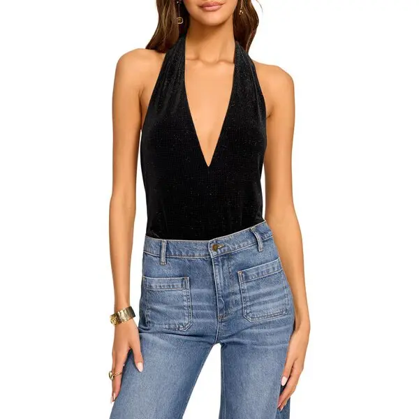 Ramy Brook Zia Plunge Neck Halter Bodysuit - Black