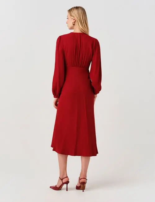 GHOST LONDON Francesca Crepe Button Down Midi Dress - Red