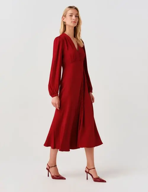 GHOST LONDON Francesca Crepe Button Down Midi Dress - Red