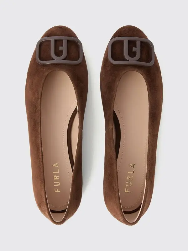 Furla Round-toe Suede Monogram Ballet Flats With Metallic Logo