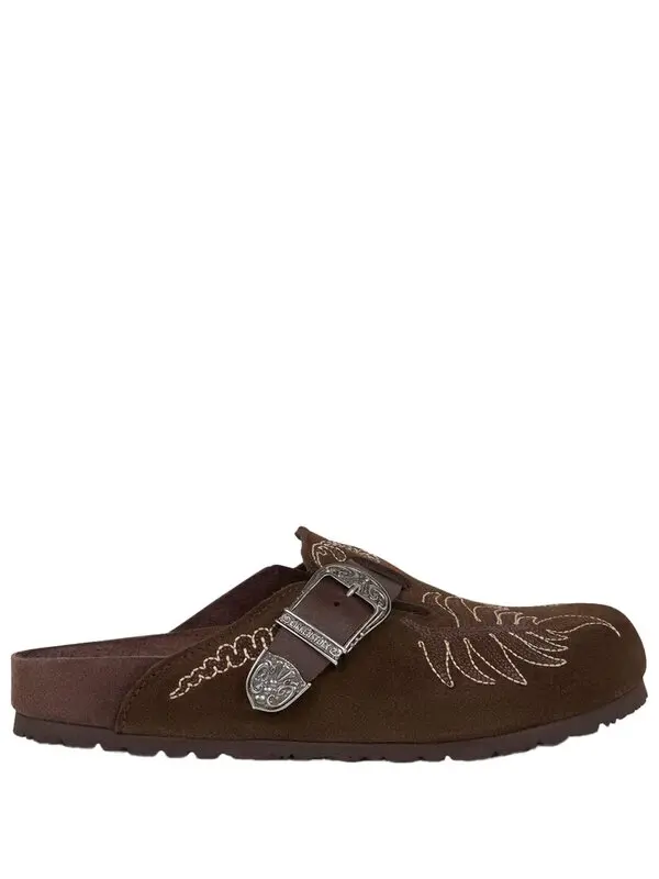 BIRKENSTOCK Boston Clogs In Embroidered Chocolate Suede