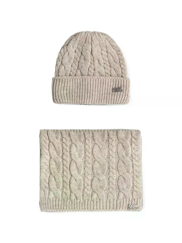 Karl Lagerfeld Cable-knit Logo-plaque Beanie Hat And Scarf Set - Neutrals