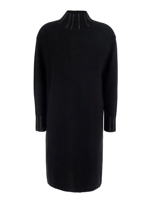 Fabiana Filippi High-collar Rhinestone-embellished Wool-silk Cashmere Dress With Long Sleeves - Black