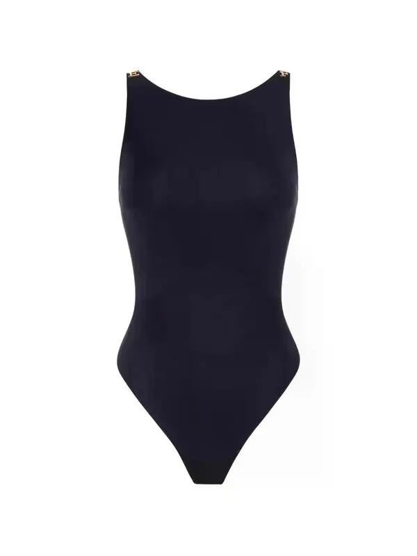 Elisabetta Franchi Bodysuit In Crêpe Jersey Fabric With Jewel Logos - Blue