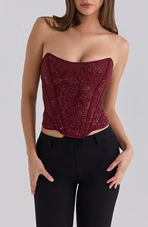 House Of Cb Calliope Embellished Lace Corset Top - Cabernet