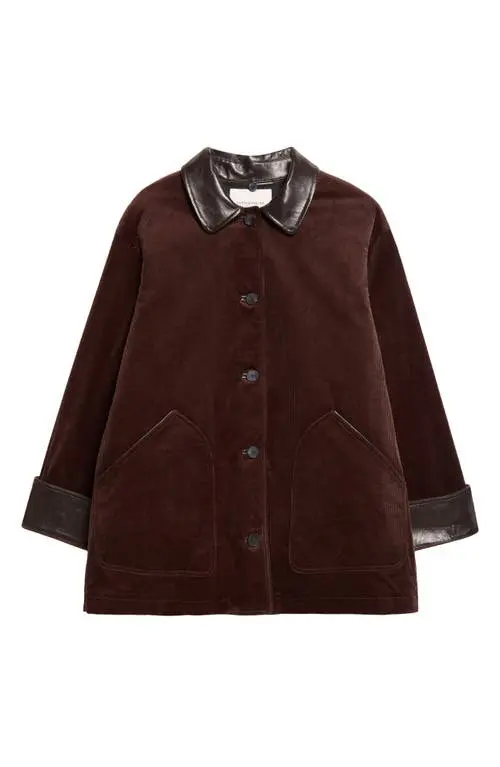 Lafayette 148 New York Leather Trim Cotton Stretch Corduroy Car Coat - Truffle