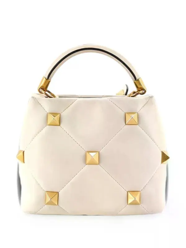 Valentino Garavani Roman Stud Top Handle Bag Quilted Leather Small Satchel - Neutrals