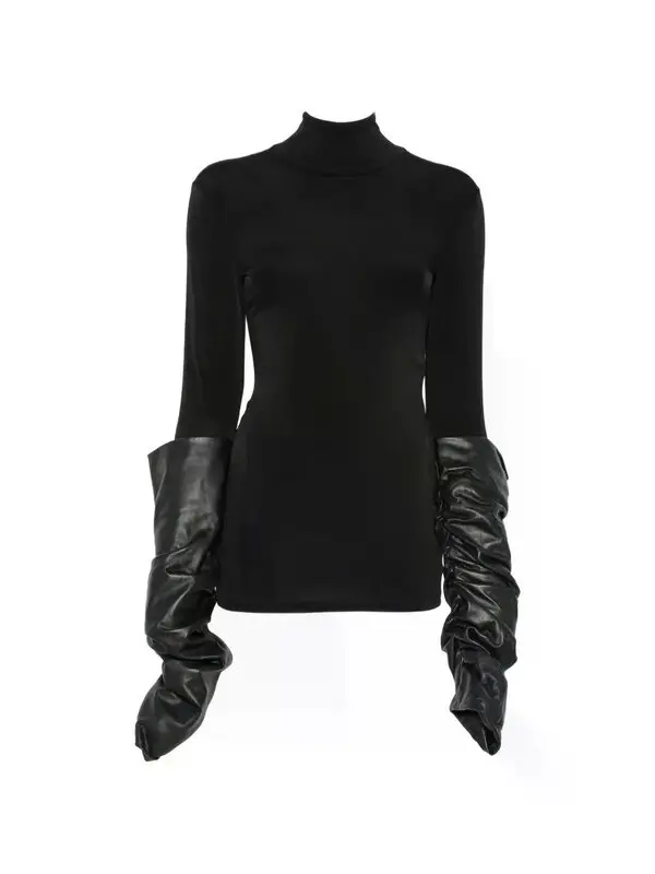 DARKPARK Camie Gathered Leather-sleeve Top - Black