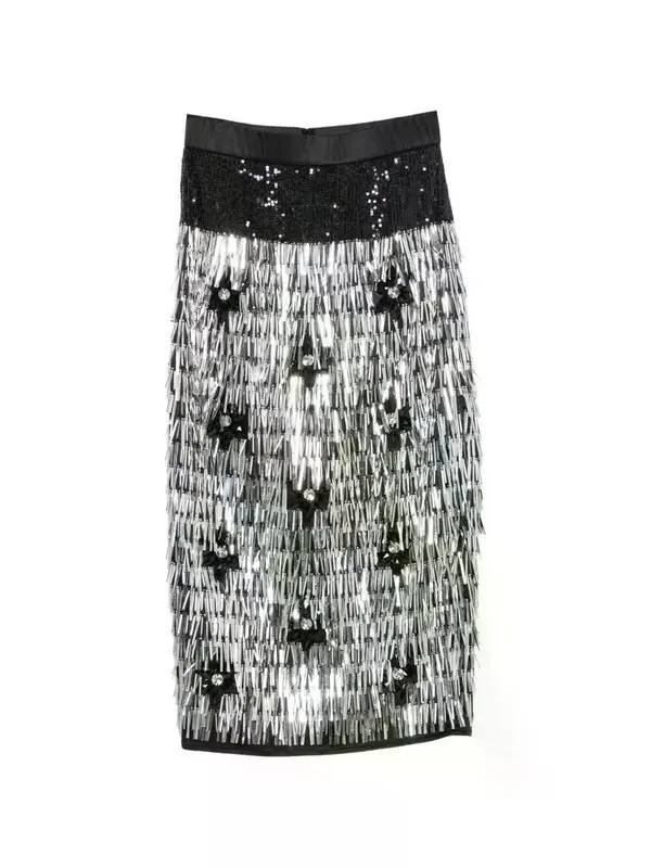 CIRCUS HOTEL Sequin-embellished Fringed Midi Skirt