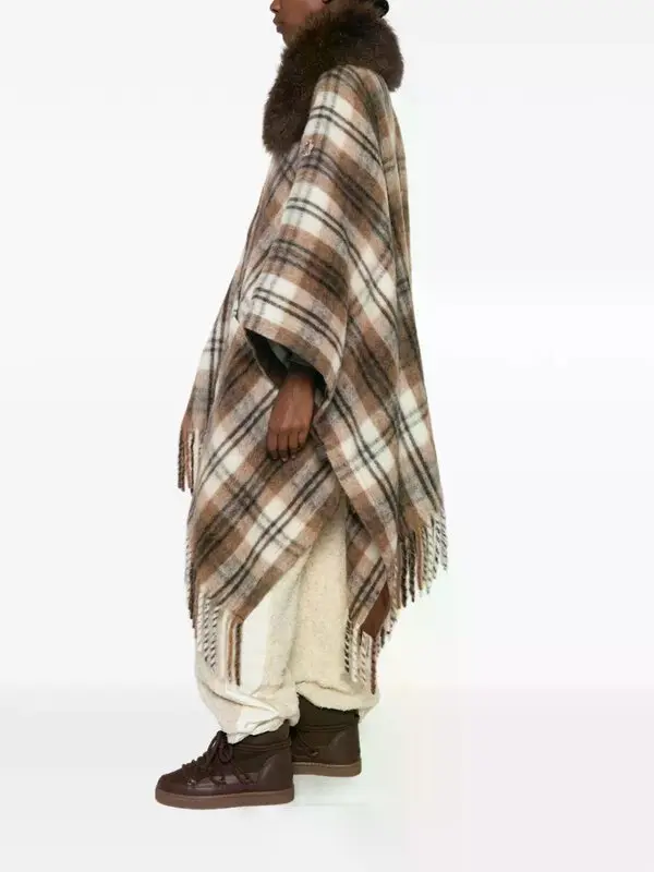 Moncler Plaid-check Faux-fur-collar Cape - Brown