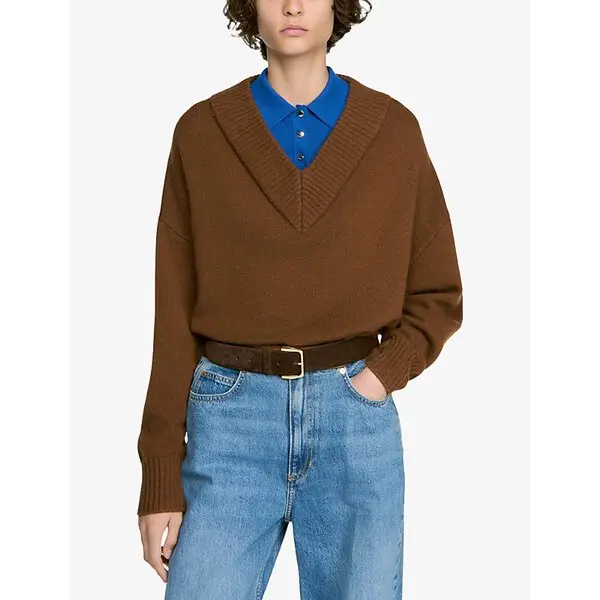 Sandro Collared Two-in-one Wool And Cashmere-blend Jumper