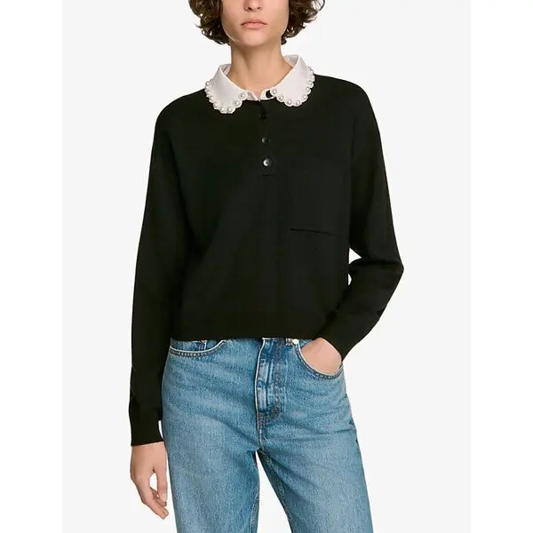 Sandro Beaded Polo-collar Wool-blend Jumper