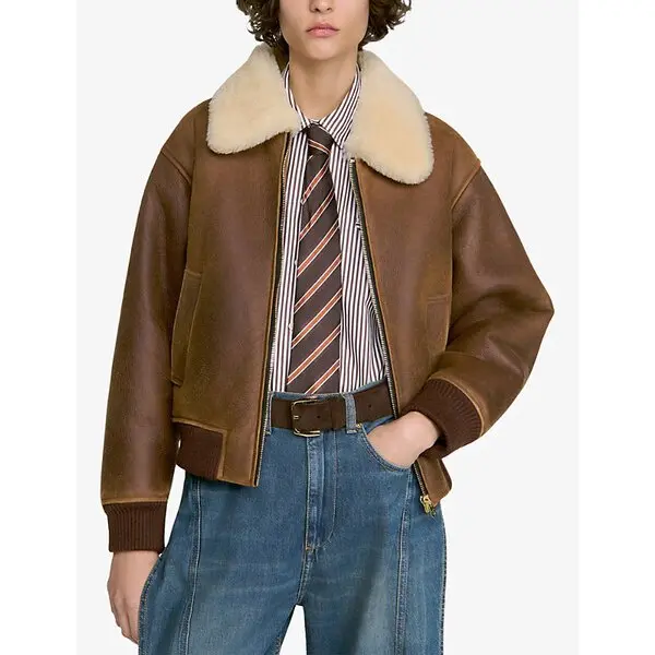 Sandro Zipped Contrast-collar Shearling Jacket