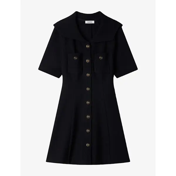 Sandro Collared Short-sleeve Stretch-woven Mini Dress - Black