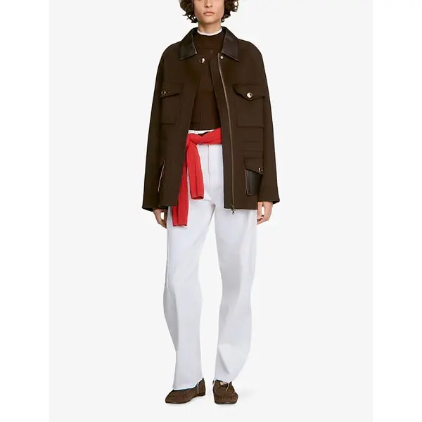 Sandro Leather-collar Double-faced Wool Coat