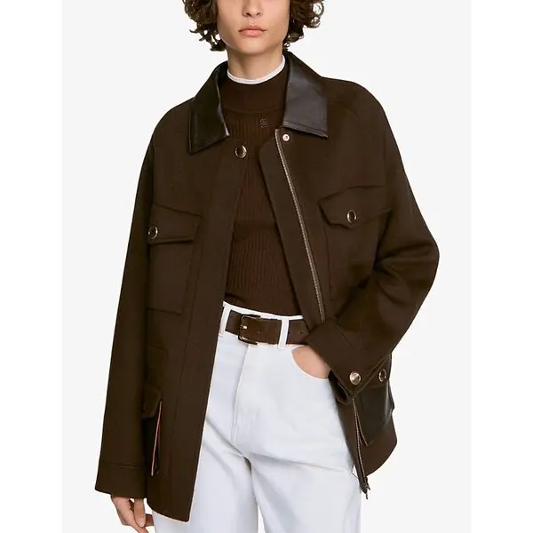 Sandro Leather-collar Double-faced Wool Coat