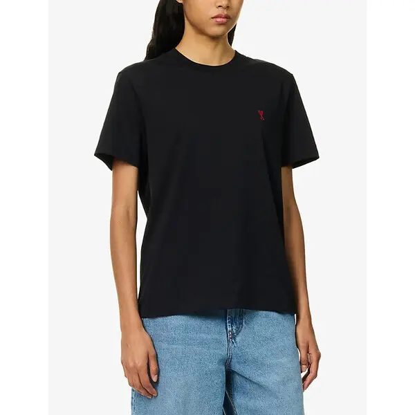 AMI Paris De Coeur Logo-embroidered Cotton T-shirt - Noir