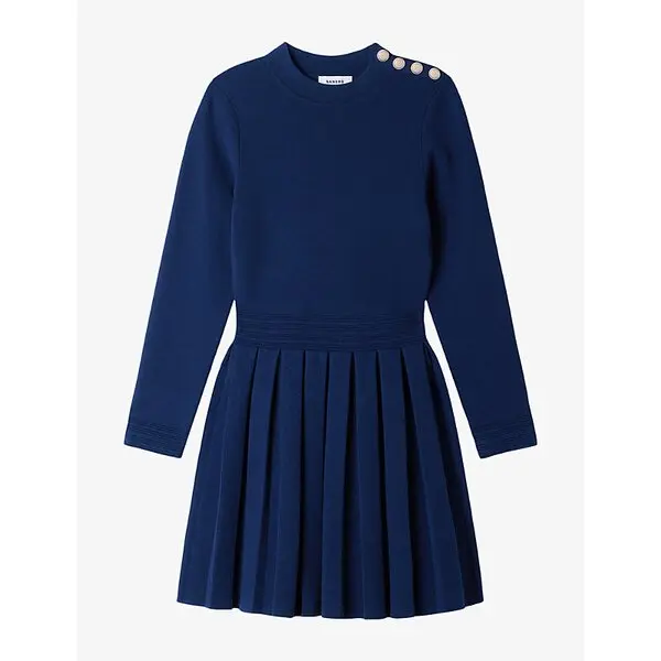 Sandro Pleated Button-embellished Stretch-knit Mini Dress - Navy Blue