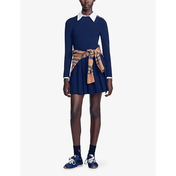 Sandro Pleated Button-embellished Stretch-knit Mini Dress