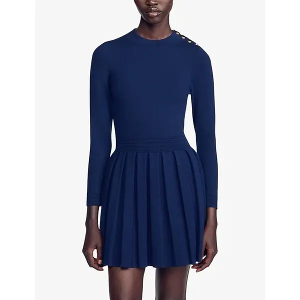Sandro Pleated Button-embellished Stretch-knit Mini Dress