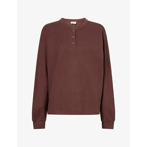 ADANOLA Henley-collar Ribbed-knit Cotton-blend Top