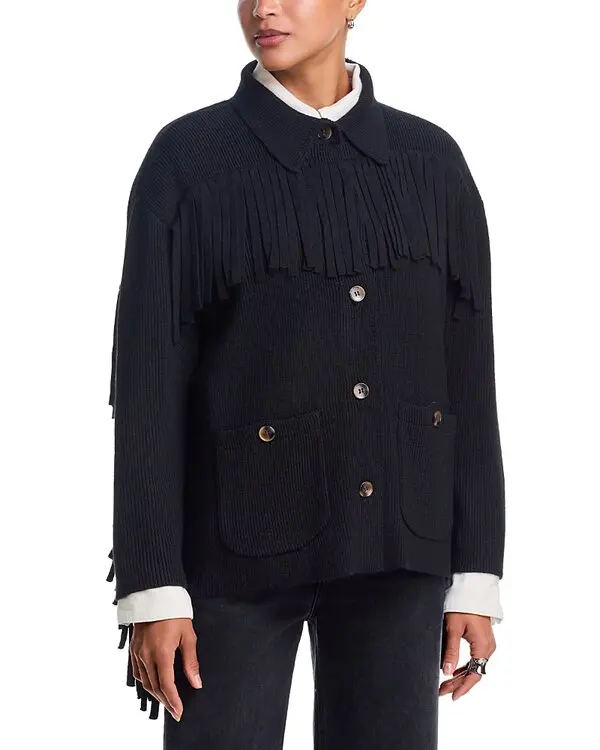 The Great. The Western Fringe Sweater Jacket - Black