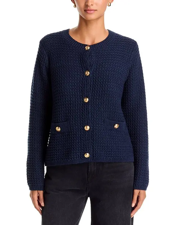 SINGLE THREAD Textured Crewneck Cardigan Sweater - Navy
